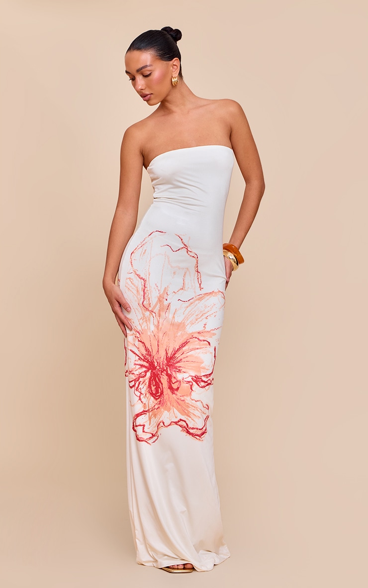 Cream Floral Printed Bandeau Maxi Dress | Dresses | PLT USA
