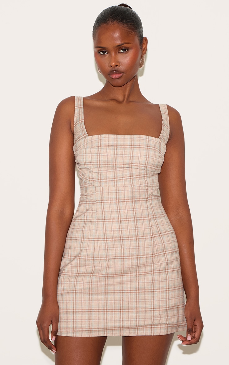 Beige Multi Checked Bodice A-line Dress | Dresses | PLT
