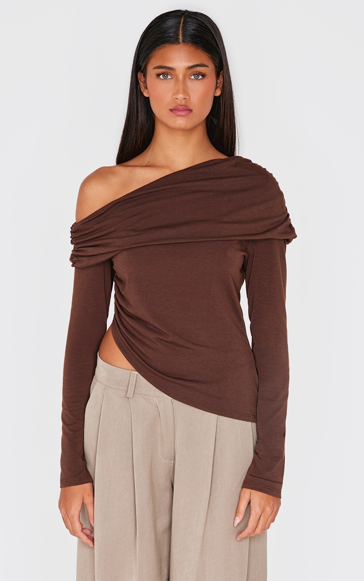 Chocolate Contour Fold Over Bardot Long Sleeve Top | Tops ...