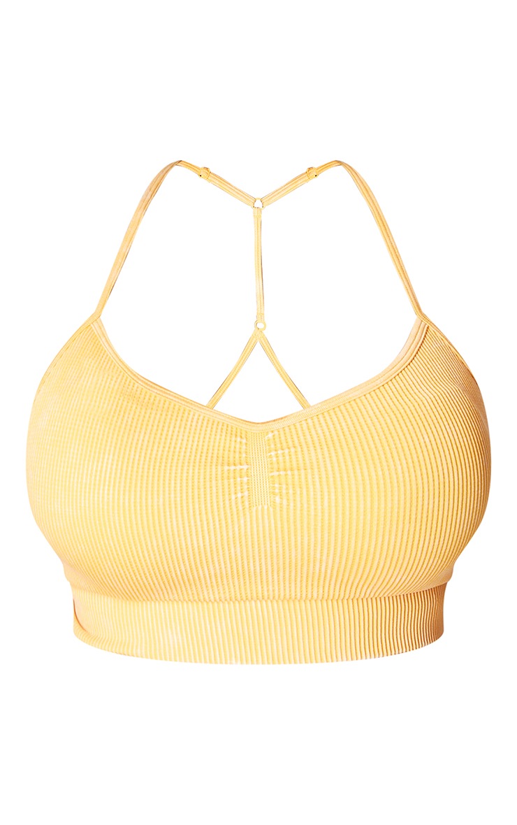 PLT Plus Mustard Acid Wash Rib Longline Cage Back Bra | Athleisure | PLT