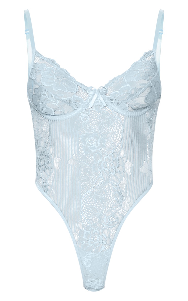 Powder Blue High Leg Lace Insert Cupped Body | PrettyLittleThing