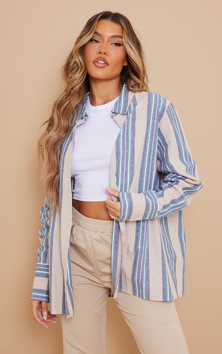 Beige Lightweight Stripe Thin Mix Oversized Shirt | Tops | PLT