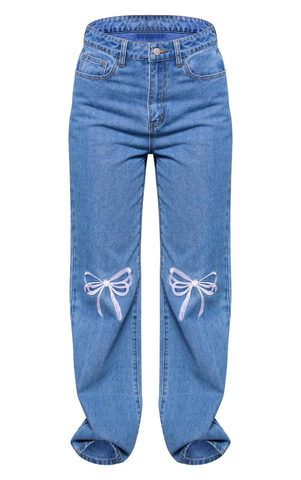 Light Blue Bow Detail Embroidered Denim Jeans | Denim | PLT USA