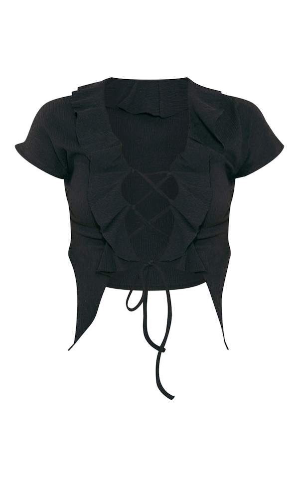 Black Crinkle Frill Tie Front Split Hem Crop Top | Tops | PLT