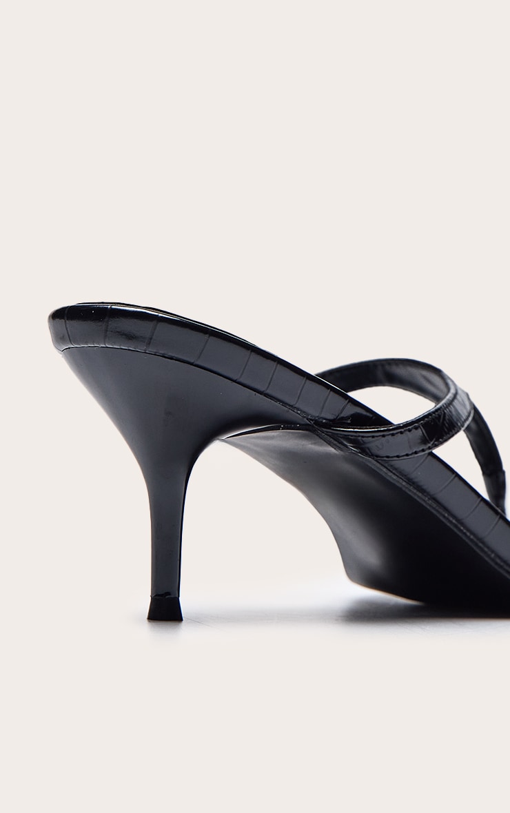 Black Croc High Vamp Toe Thong Low Heeled Mules | Footwear | PLT