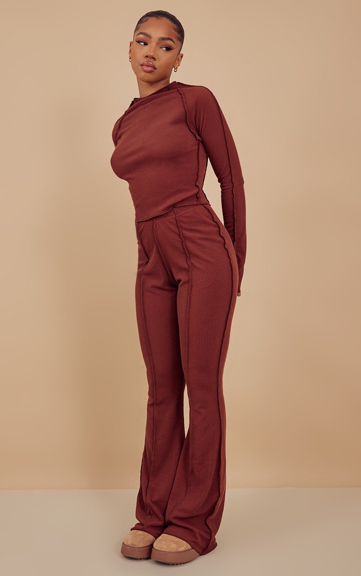 Mocha Brown Rib Exposed Seam Panel Flared Pants | Co-ords | PLT USA