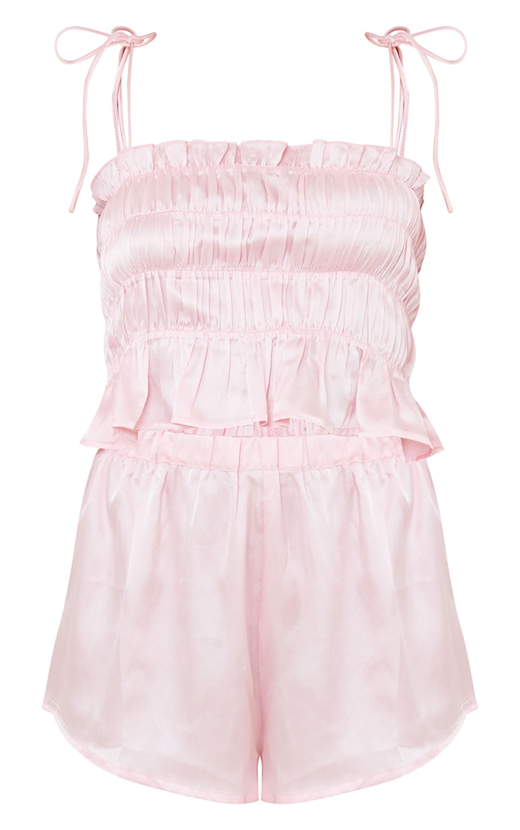 Pale Pink Ruffle Hem Satin Bralette & Short PJ Set | Lingerie ...