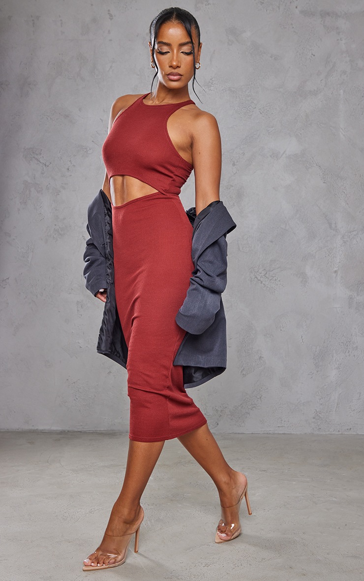 Burgundy Cut Out Racer Neck Rib Bodycon Dress | Dresses | PLT USA
