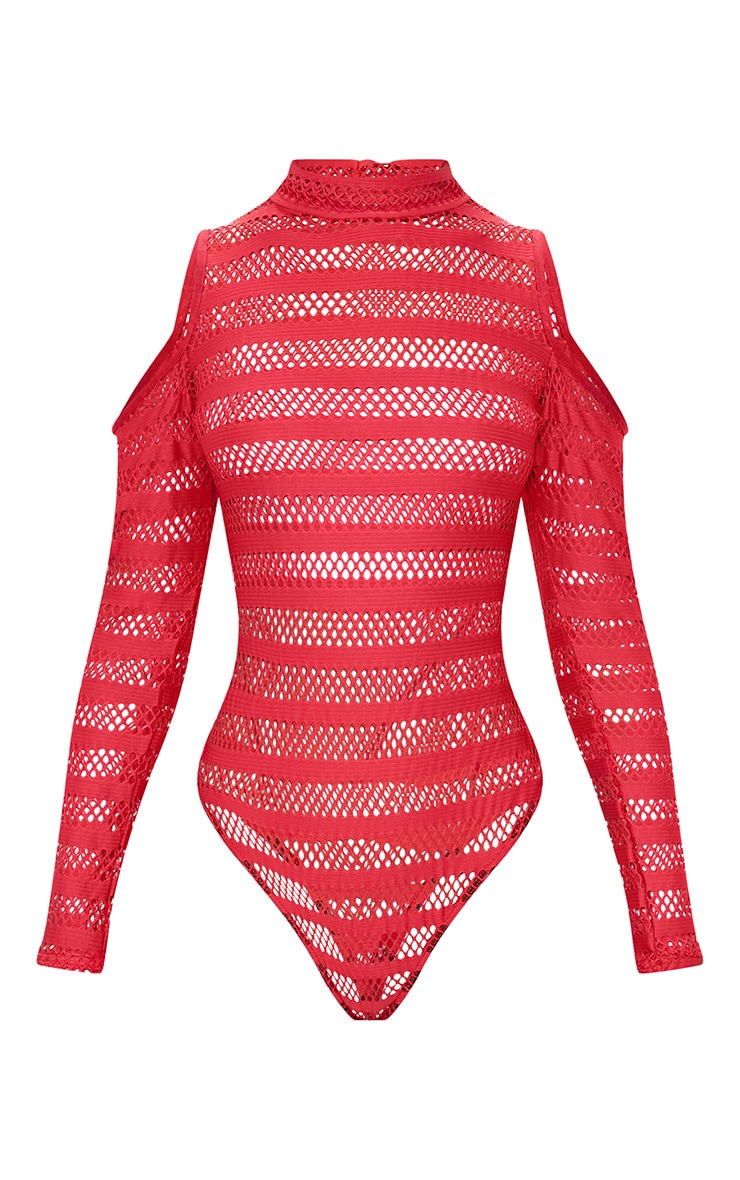 Red Fishnet Cold Shoulder Thong Bodysuit | PrettyLittleThing USA