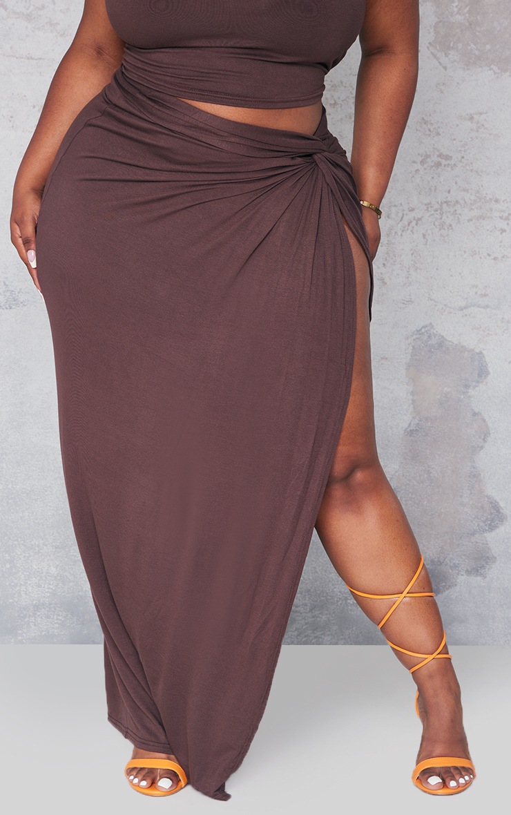 Plus Chocolate Jersey Thigh Split Midi Skirt | Plus Size ...