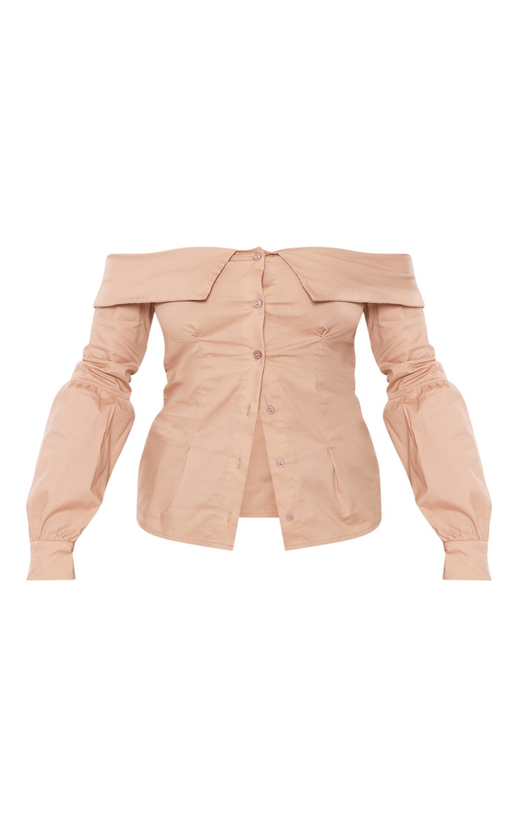 Camel Fold Over Edge Off Shoulder Shirt | Tops | PrettyLittleThing USA