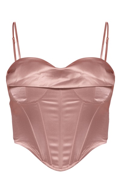 Mocha Satin Drape Bust Detail Corset | Tops | PLT USA