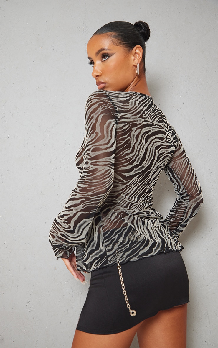 Cream Zebra Flock Mesh Print Tie Shirt | Tops | PrettyLittleThing USA