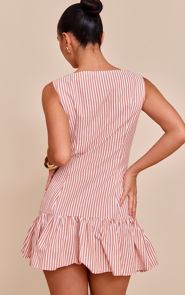 Rust Striped Satin Button Flippy Hem Bodycon Dress | Dresses | PLT