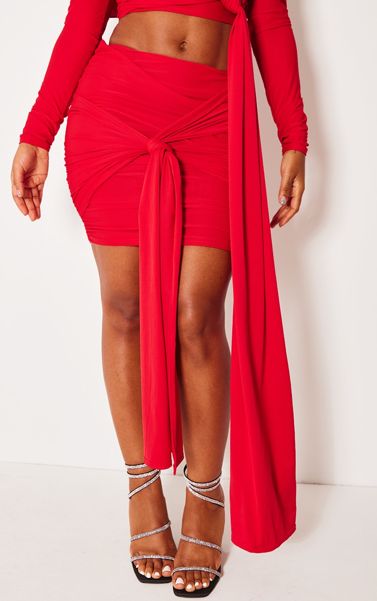 Shape Red Slinky Ruched Knot Side Mini Skirt | Shape | PLT