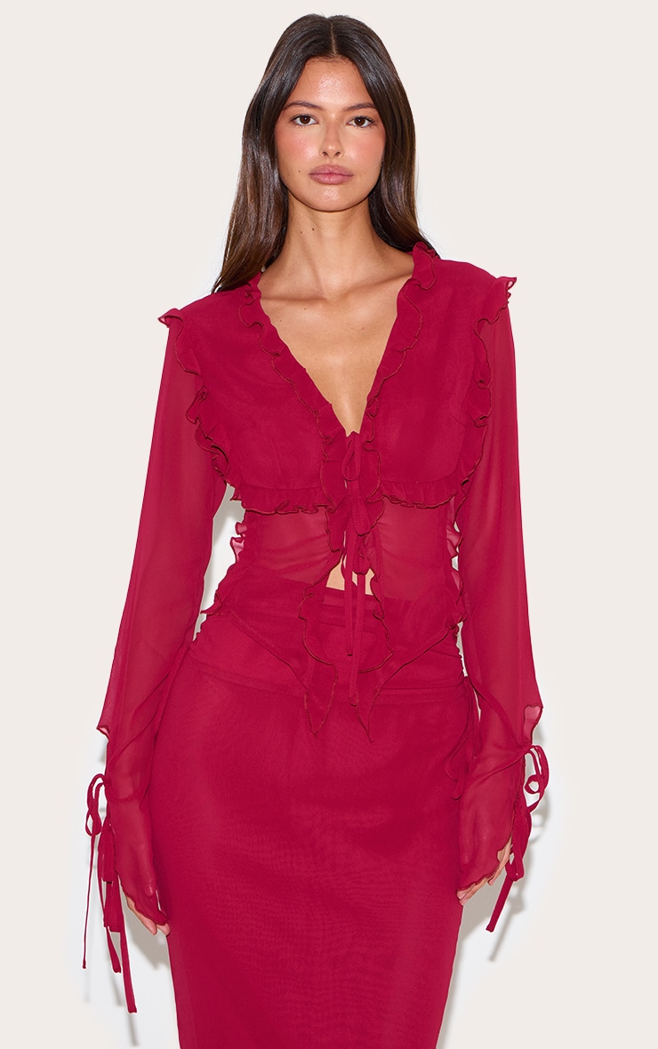 Burgundy Chiffon Ruffle Tie Front Blouse | Co-ords | PrettyLittleThing QA