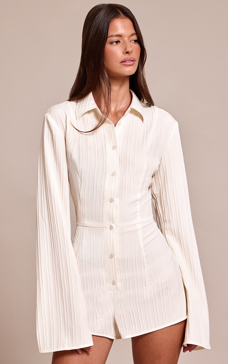 Cream Texture Button Down Romper | Dresses | PLT