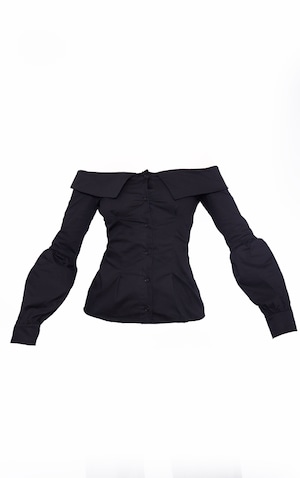 Black Fold Over Edge Off Shoulder Shirt | PrettyLittleThing USA