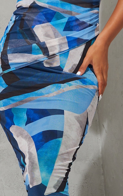 Blue Abstract Print Mesh Bandeau Drape Midi Dress | Dresses ...