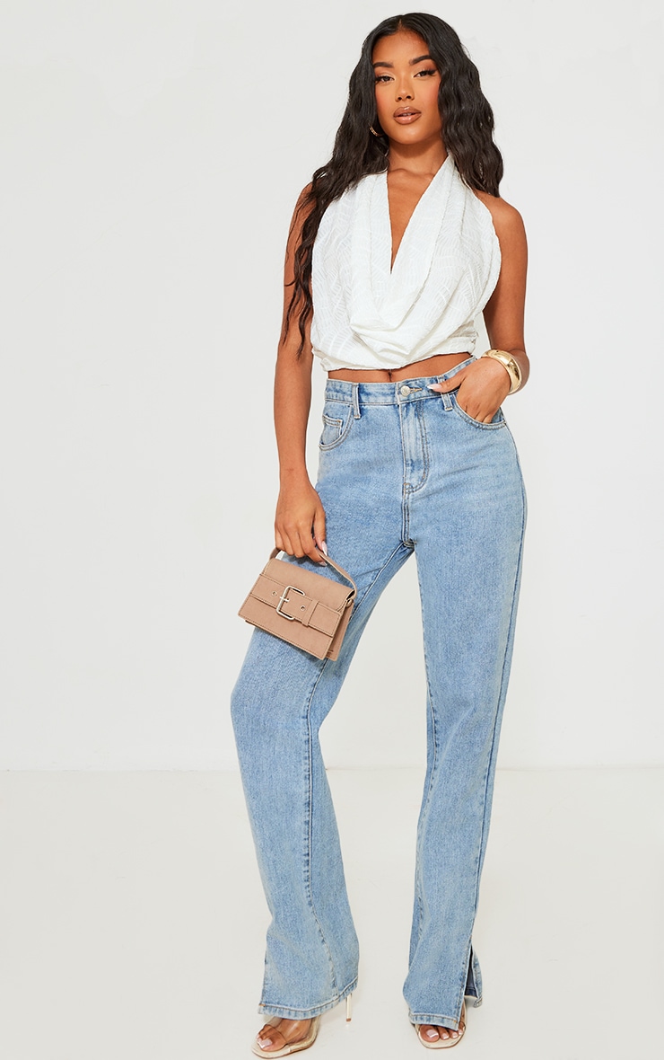 Cream Textured Extreme Plunge Cowl Long Top | PrettyLittleThing AUS