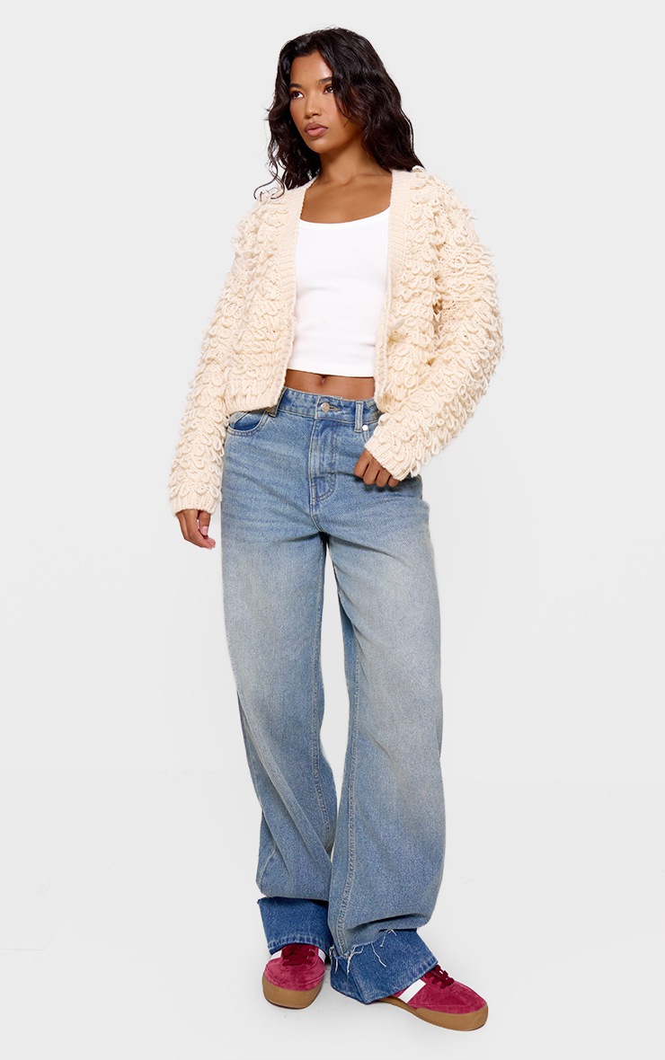 Cream Loop Knit V Neck Button Up Cardigan | Knitwear | PLT