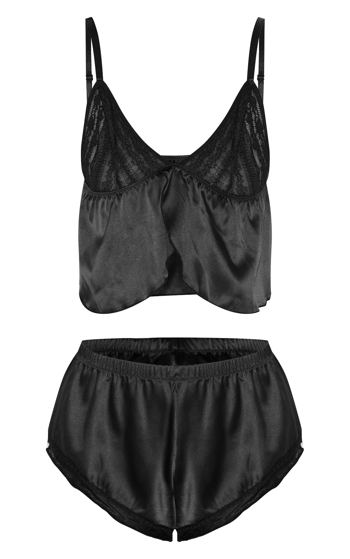 Black Textured Lace Satin Cami Short Pj Set Lingerie And Nightwear