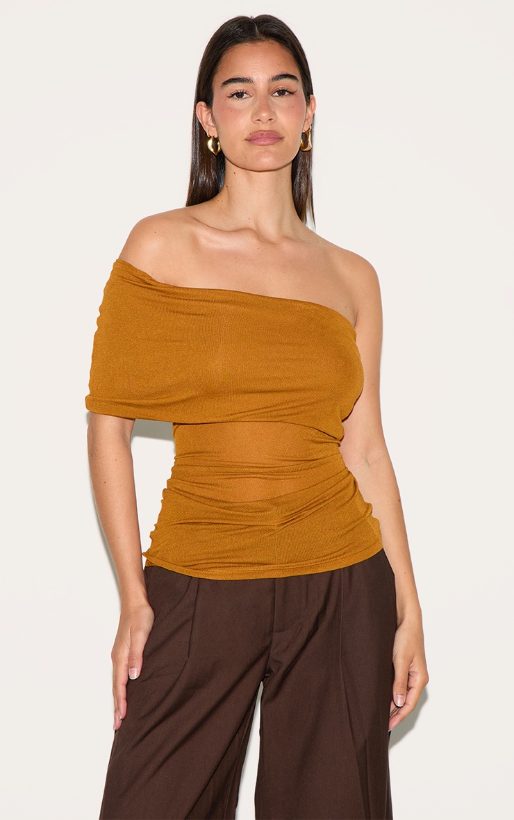 Tan Sheer Soft Fold Over One Shoulder Long Top | Tops | PLT USA
