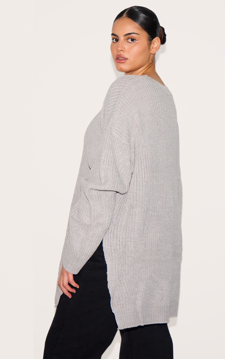 Plus Grey Round Neck Side Split Sweater | Plus Size | PLT USA
