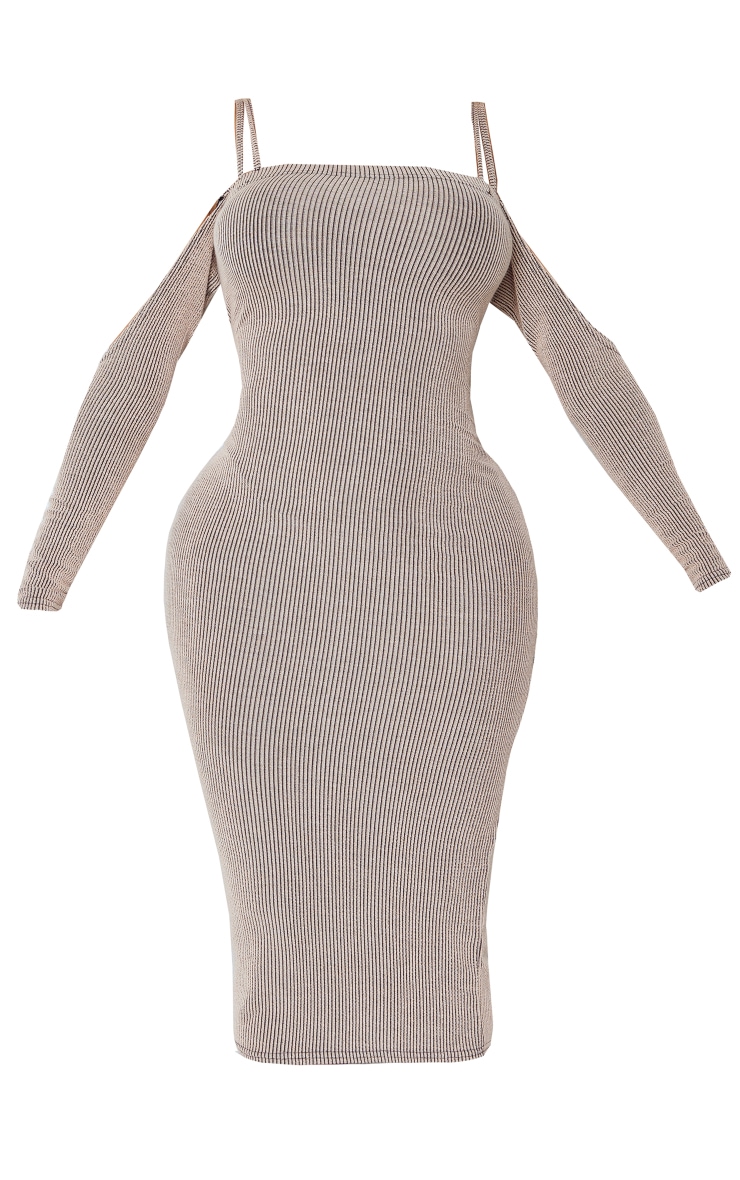 Shape Soft Brown Contrast Rib Bardot Midaxi Dress | PrettyLittleThing