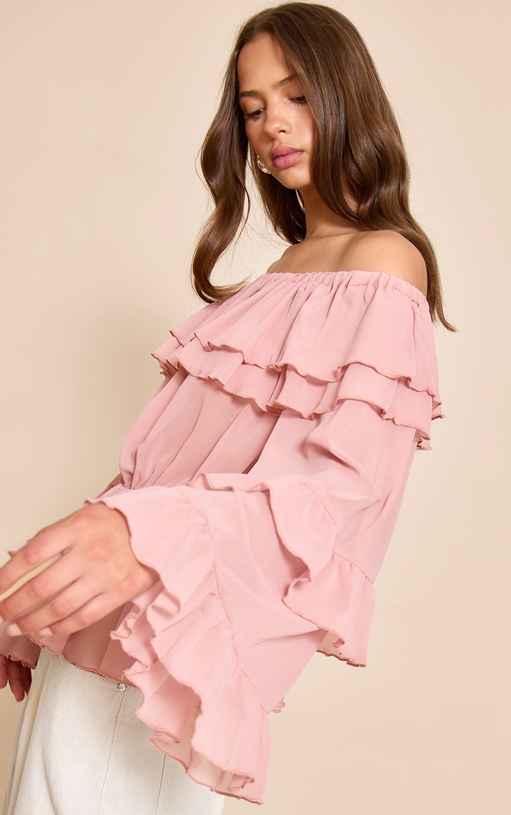 Pale Pink Chiffon Tiered Ruffle Bardot Top | Tops | PLT