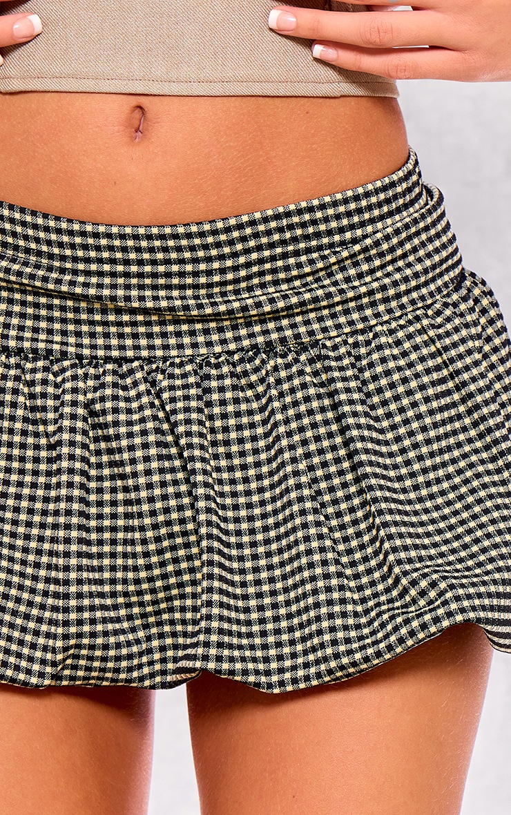 Brown Gingham Print Crepe Puffball Mini Skirt | Bottoms | PLT