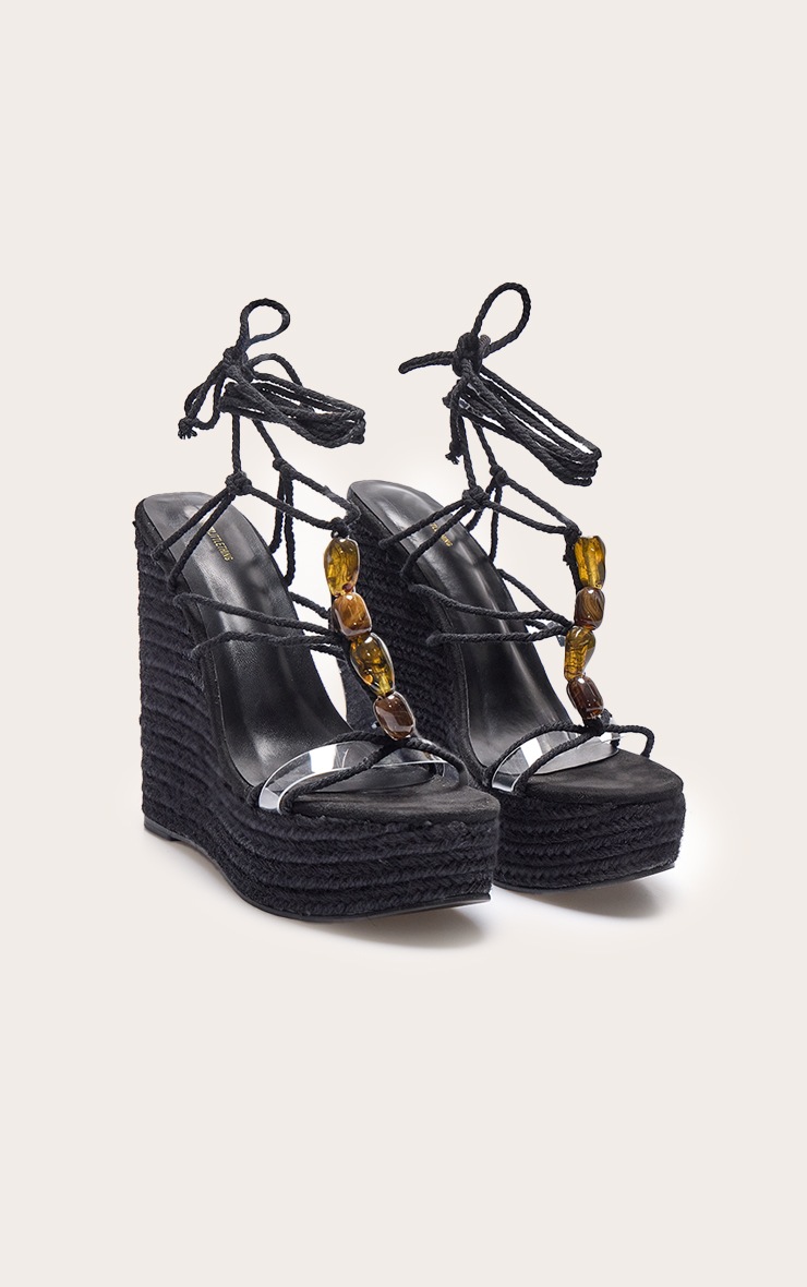 Black Rope Round Toe Ring High Heeled Wedges | Footwear | PLT