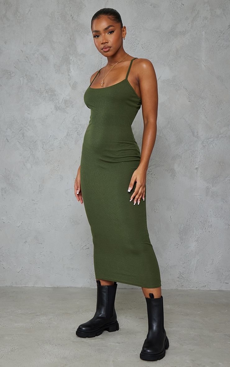 Khaki Rib Scoop Neck Strappy Midaxi Dress | Dresses | PLT
