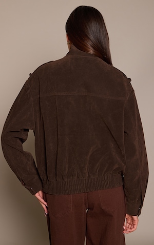 Chocolate Funnel Neck Pocket Faux Suede Bomber | Outerwear | PLT UAE