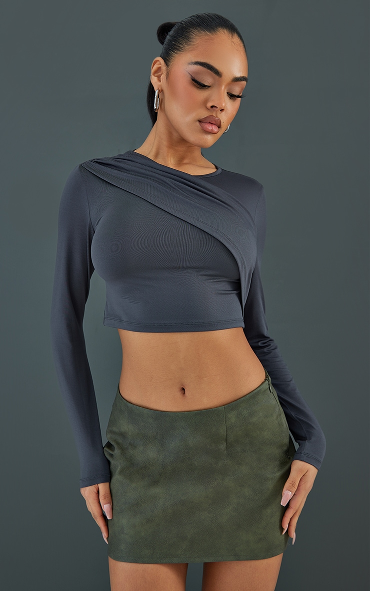 Charcoal Matte Slinky Drape Detail Crop Top | PrettyLittleThing USA