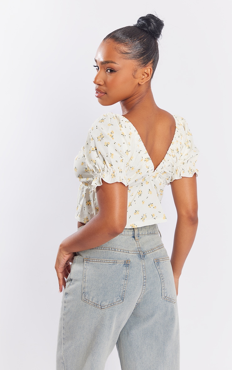 Cream Ditsy Floral Print Tie Front Crop Top | PrettyLittleThing USA