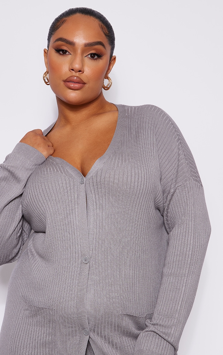 Plus Grey Plus Rib Knit Button Longline Cradigan | PrettyLittleThing USA