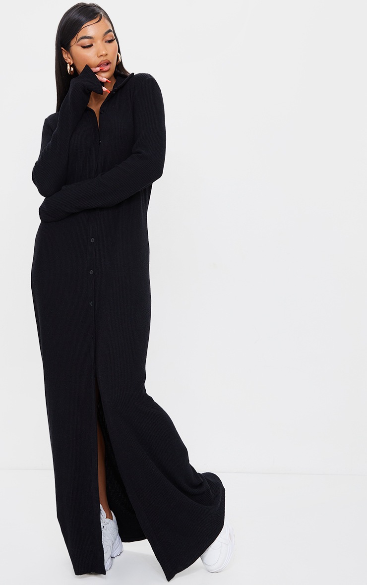 Black Brushed Rib Button Up Collar Maxi Dress | Dresses ...