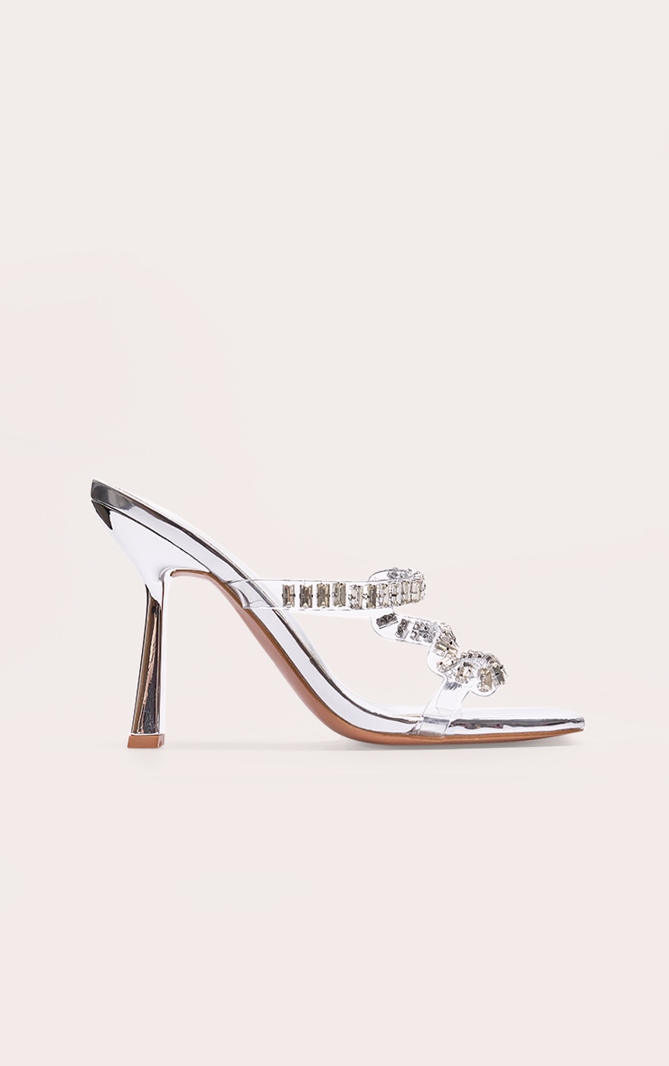 Silver Wide Fit Metallic Diamante Strap Heel Mules | Footwear | PLT