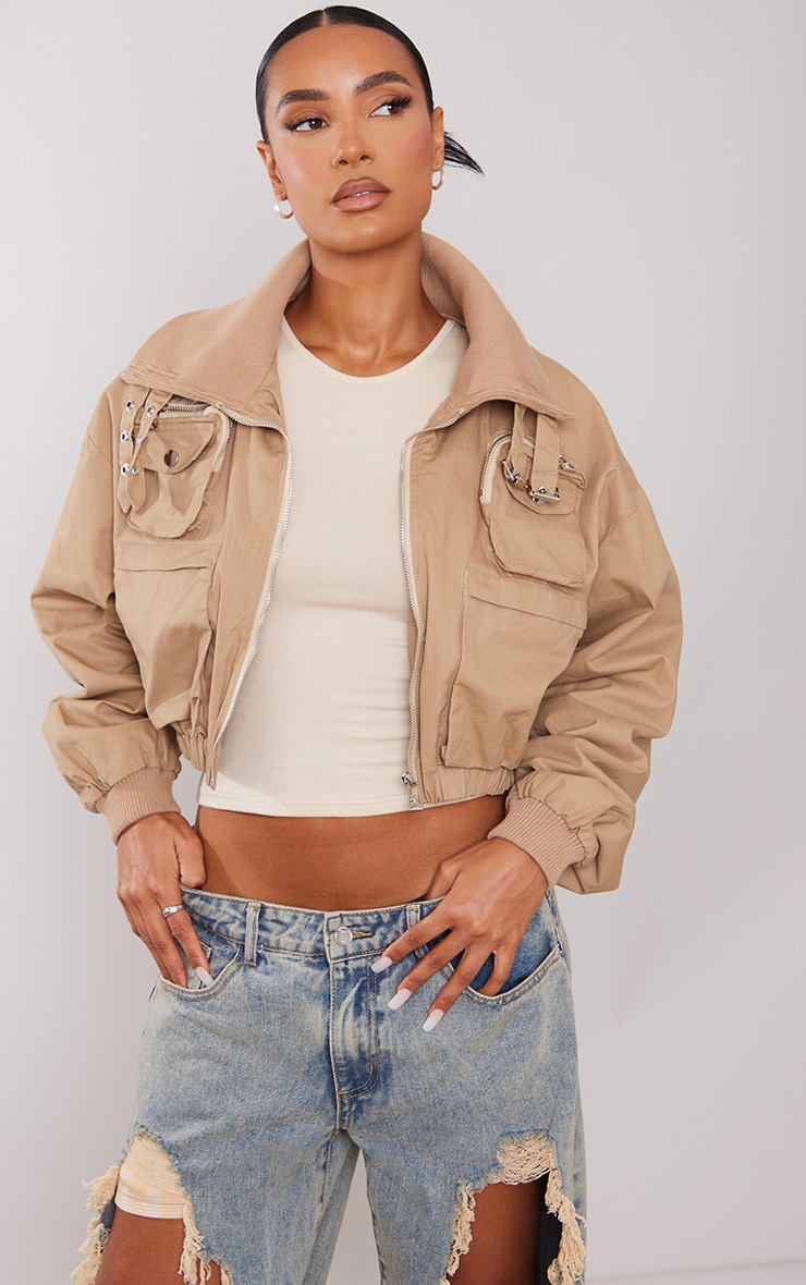 Beige Rib Collar Utility Cropped Bomber Jacket | Outerwear ...