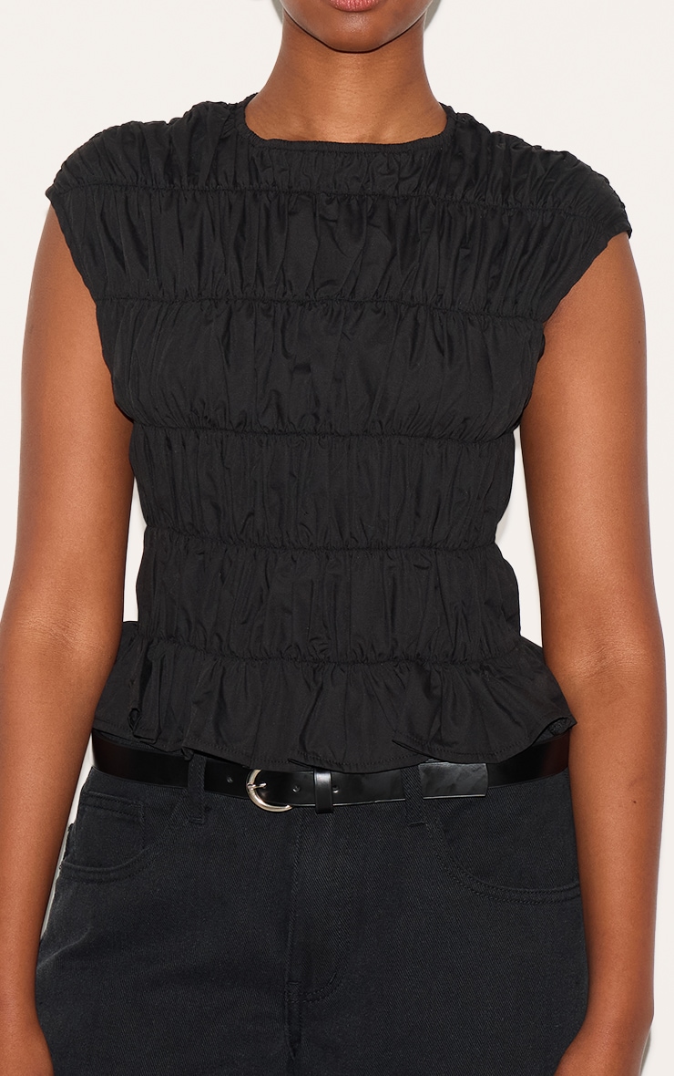 Black Shirred Boatneck Fitted Top | Tops | PLT
