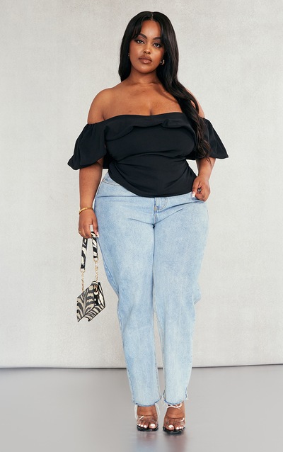 Plus Black Ruffle Bardot Top | Plus Size | PLT CA