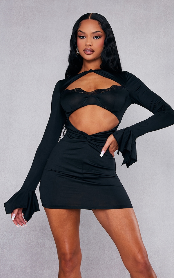 Black Cut Out Lace Cup Flared Sleeve Bodycon Dress | Dresses | PLT