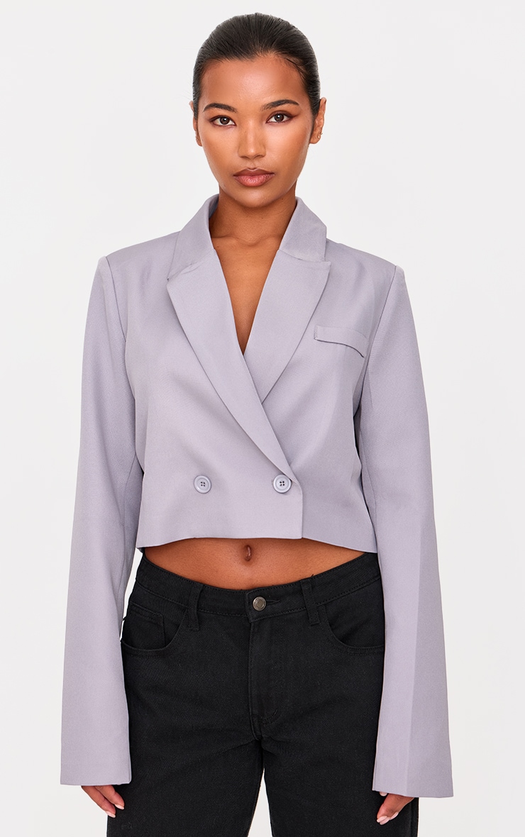 Grey Woven Cropped Shoulder Padded Blazer | Outerwear | PLT