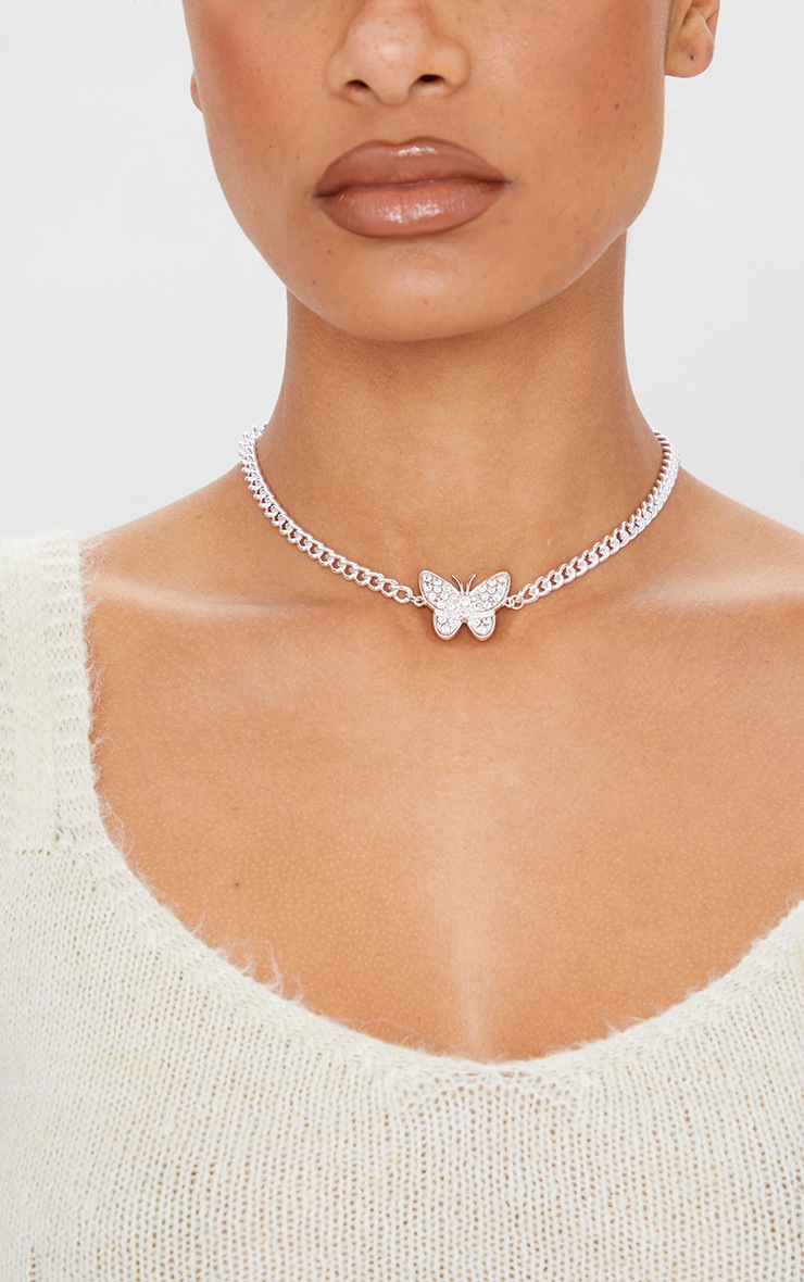 Silver Chain Silver Diamante Butterfly Necklace | Accessories | PLT