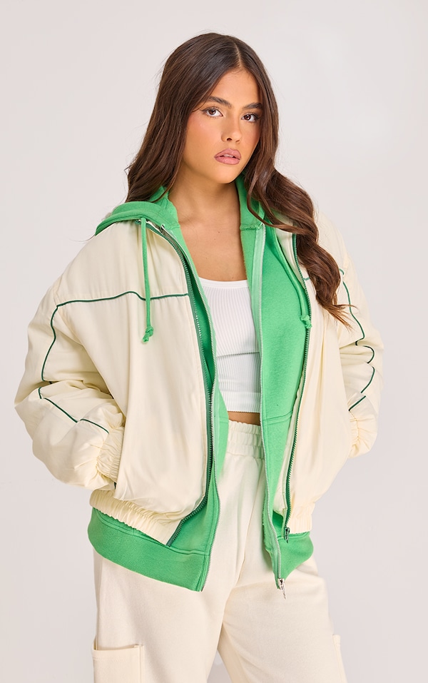 Cream Contrast Piping Puffed Soft Track Jacket | PrettyLittleThing CA