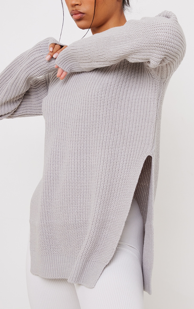 Grey Round Neck Side Split Knit Sweatshirt | PrettyLittleThing USA