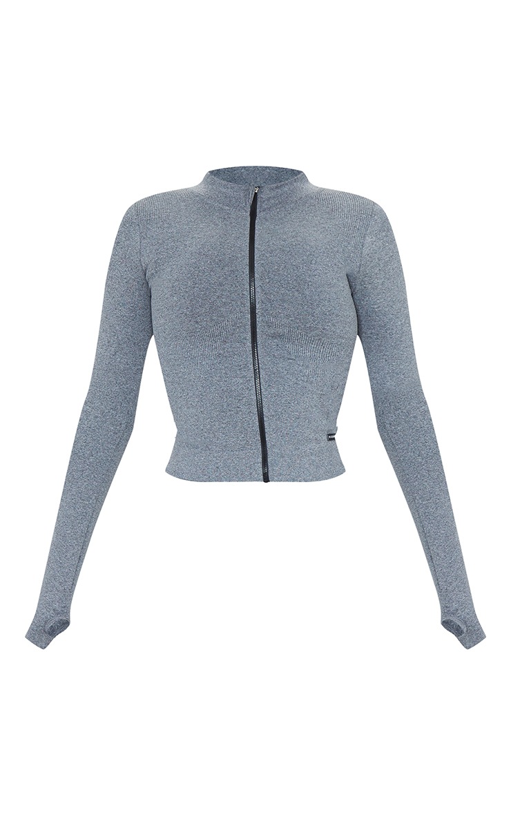 Grey Marl Seamless Rib Detail Jacket | Athleisure | PrettyLittleThing USA