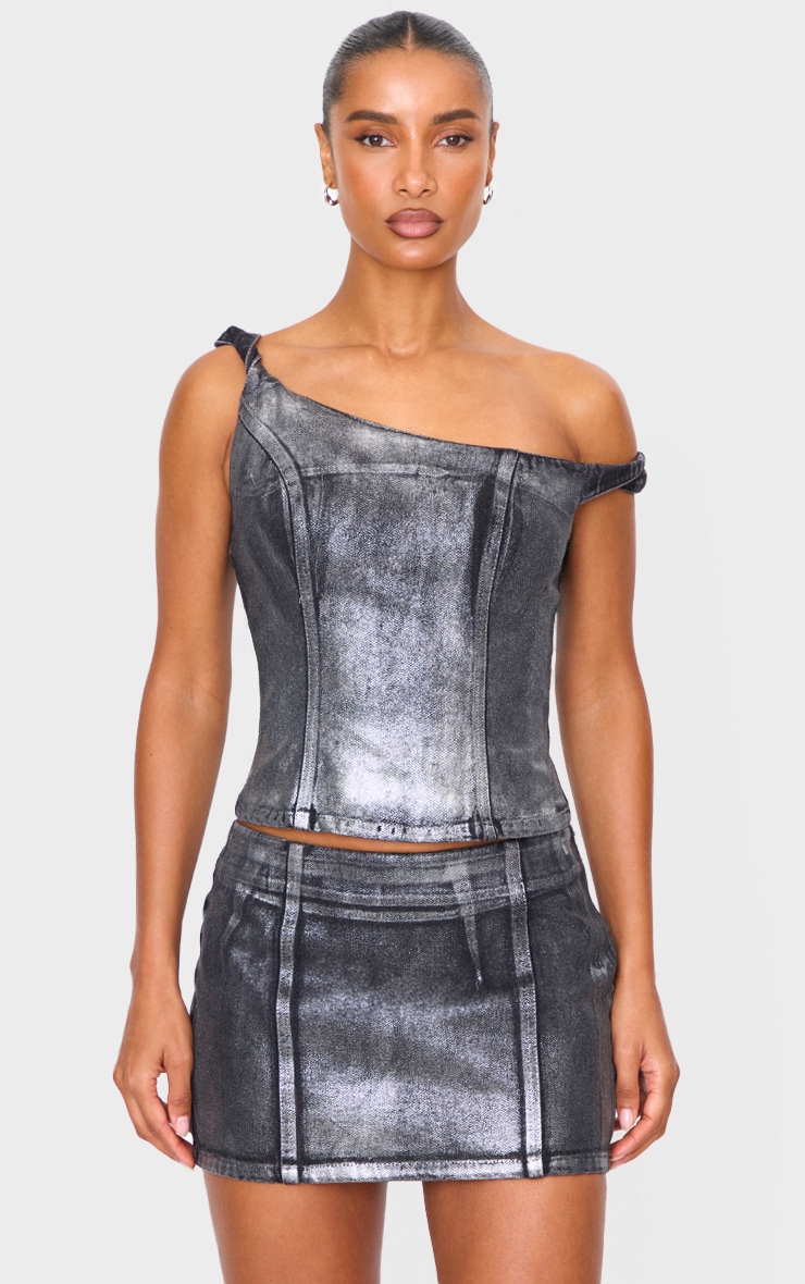 Black Silver Metallic Foil One Shoulder Denim Top | Denim ...