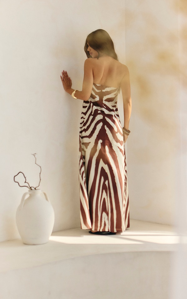 Tan Zebra Abstract Print Woven Bandeau Maxi Dress | Dresses ...